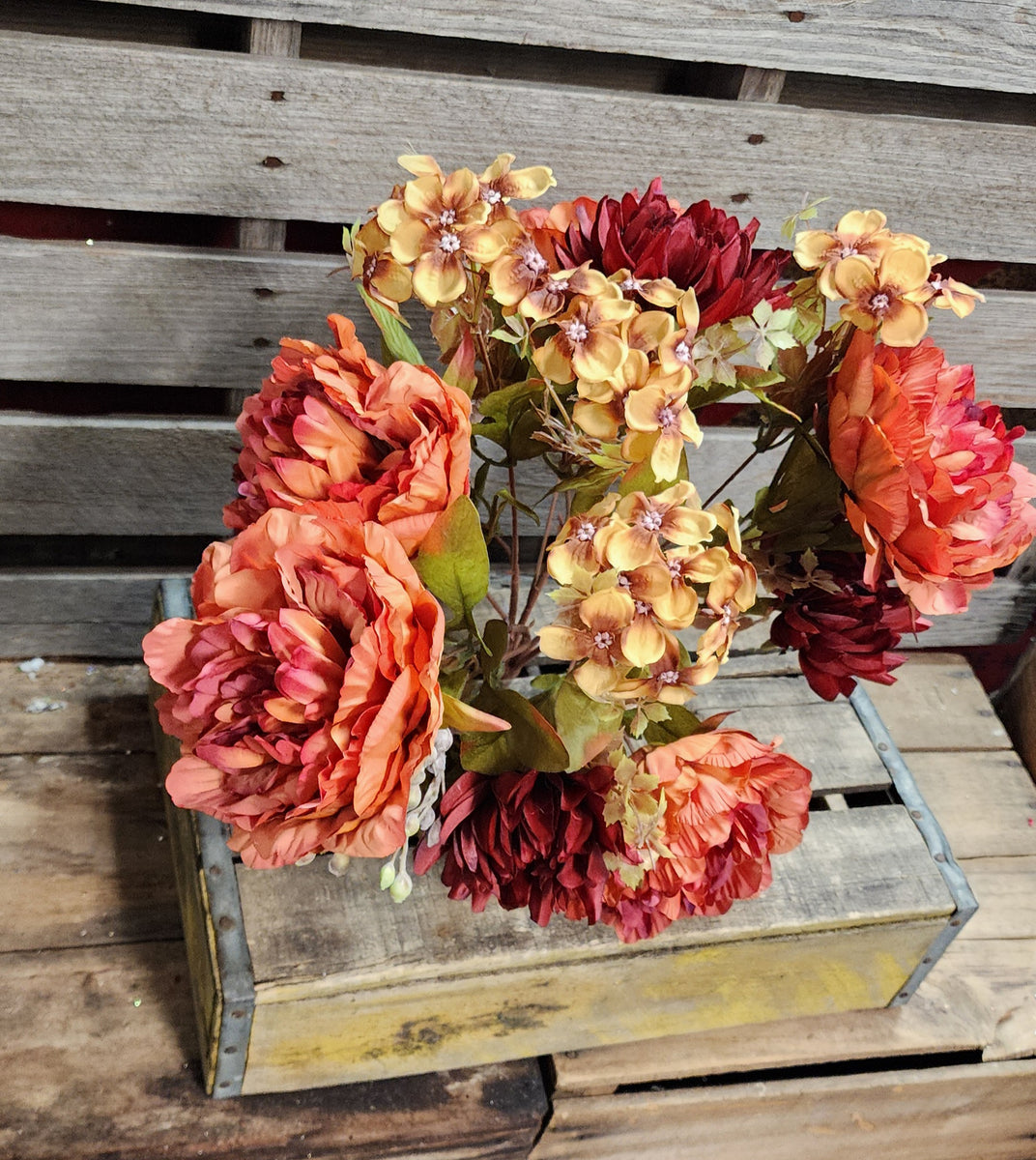 22" Jewel Tone Rust Silk Peony Hydrangea Mum Bush x5 – Florist Wreath ...