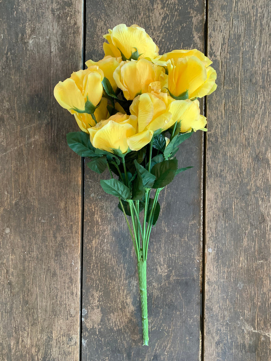 19" Yellow Open Rose Bush x14 with Water Droplets – Florist Wreath Supply